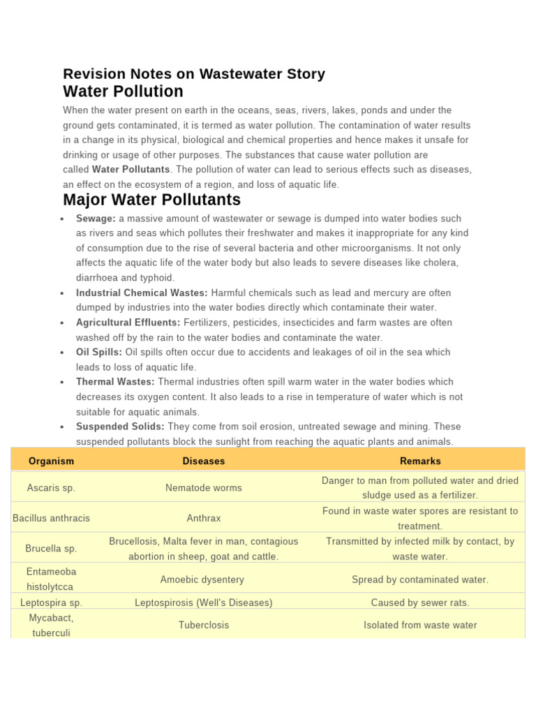 Revision Notes On Waste Water | PDF | Water Pollution | Science ...
