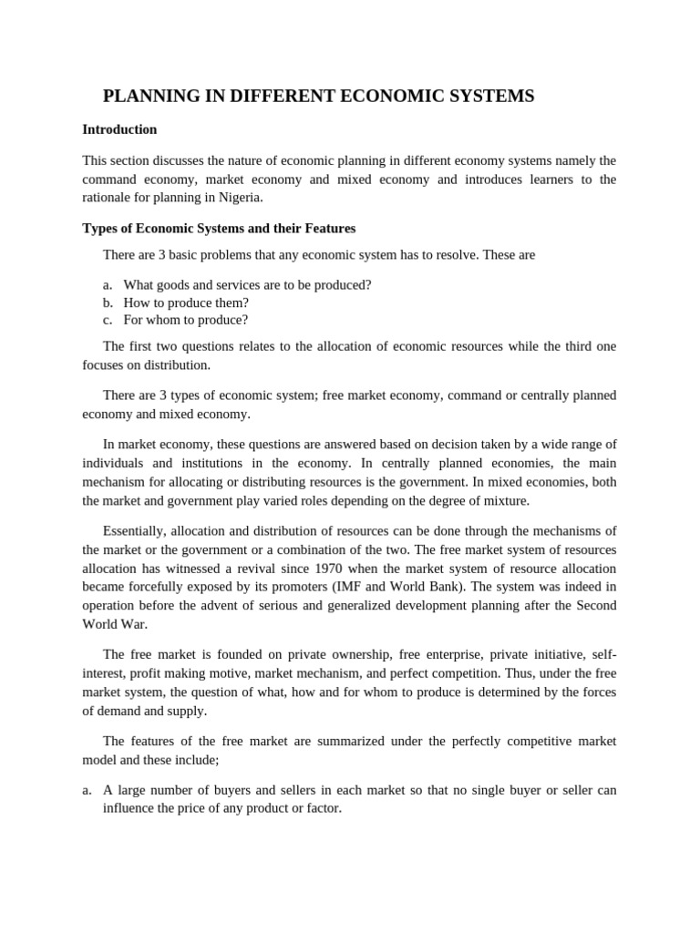 PLANNING IN DIFFERENT ECONOMIC SYSTEMS | PDF