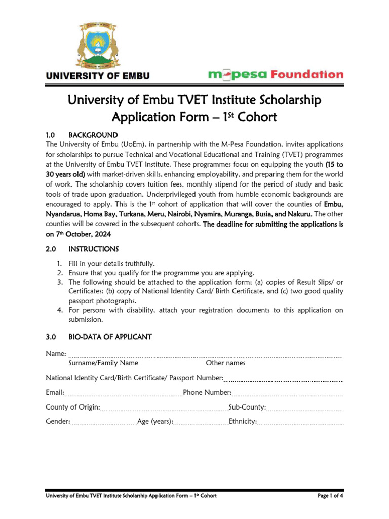 UoEm TVET MPESA Scholarship Application Form | PDF