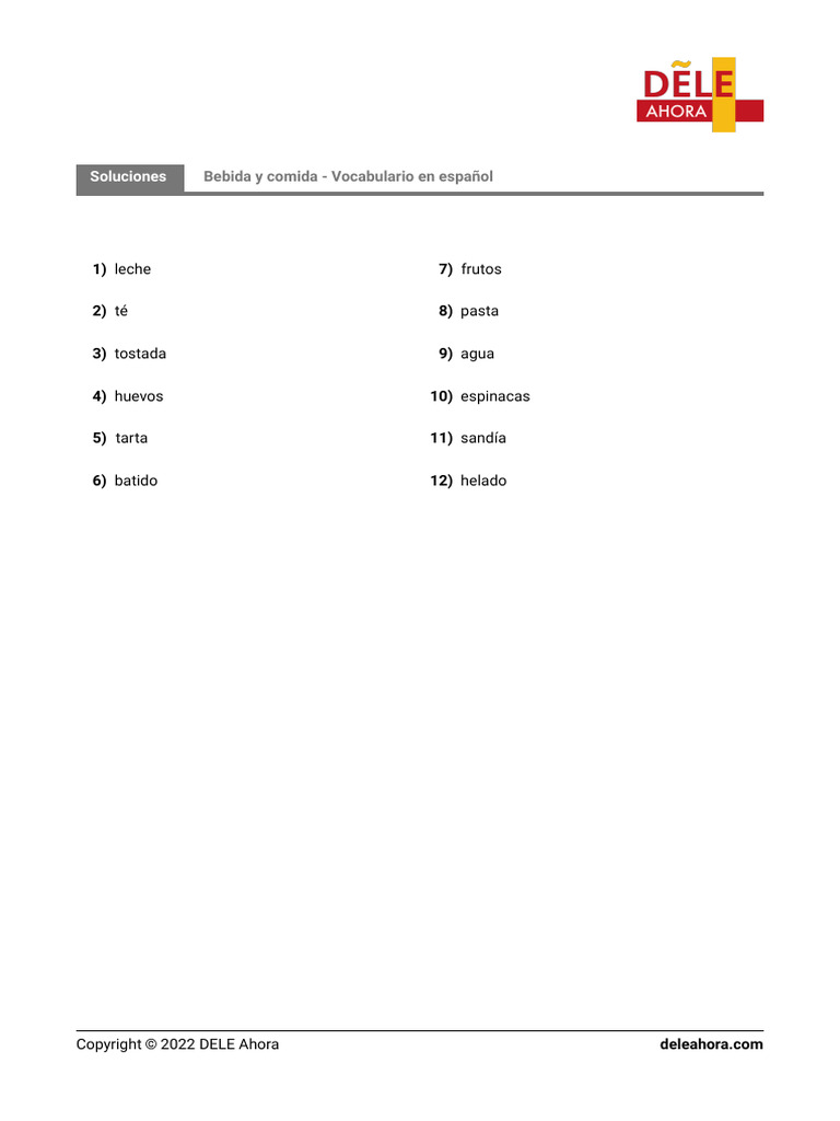 Bebida y Comida Vocabulario en Espanol - Soluciones | PDF
