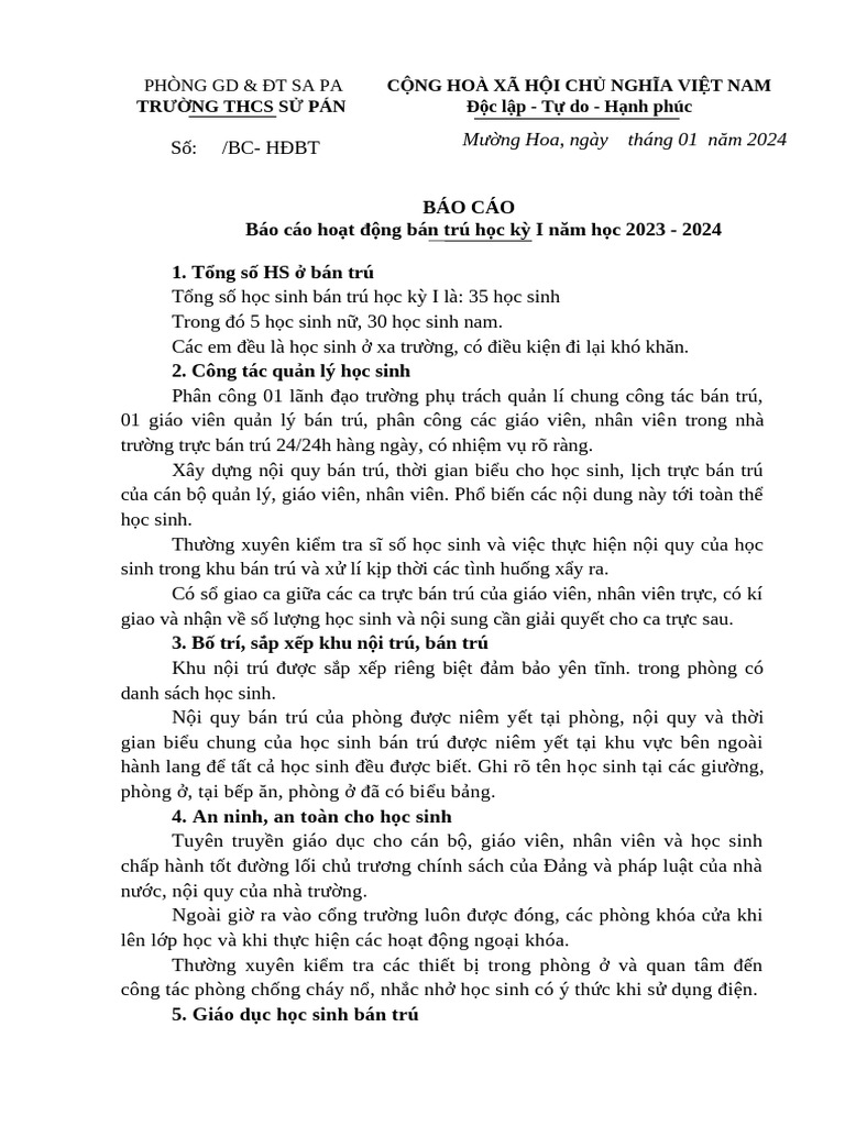 Báo Cáo Sơ Kết HKI 2023-2024 | PDF