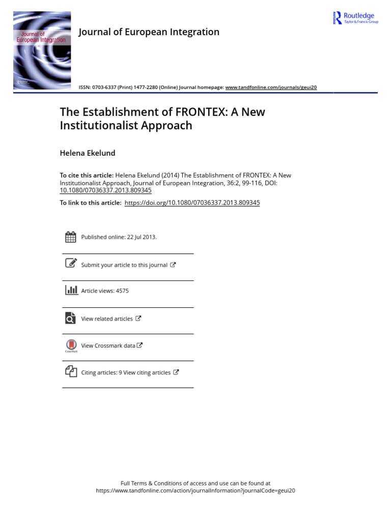 The Establishment of FRONTEX A New Institutionalist Approach | PDF