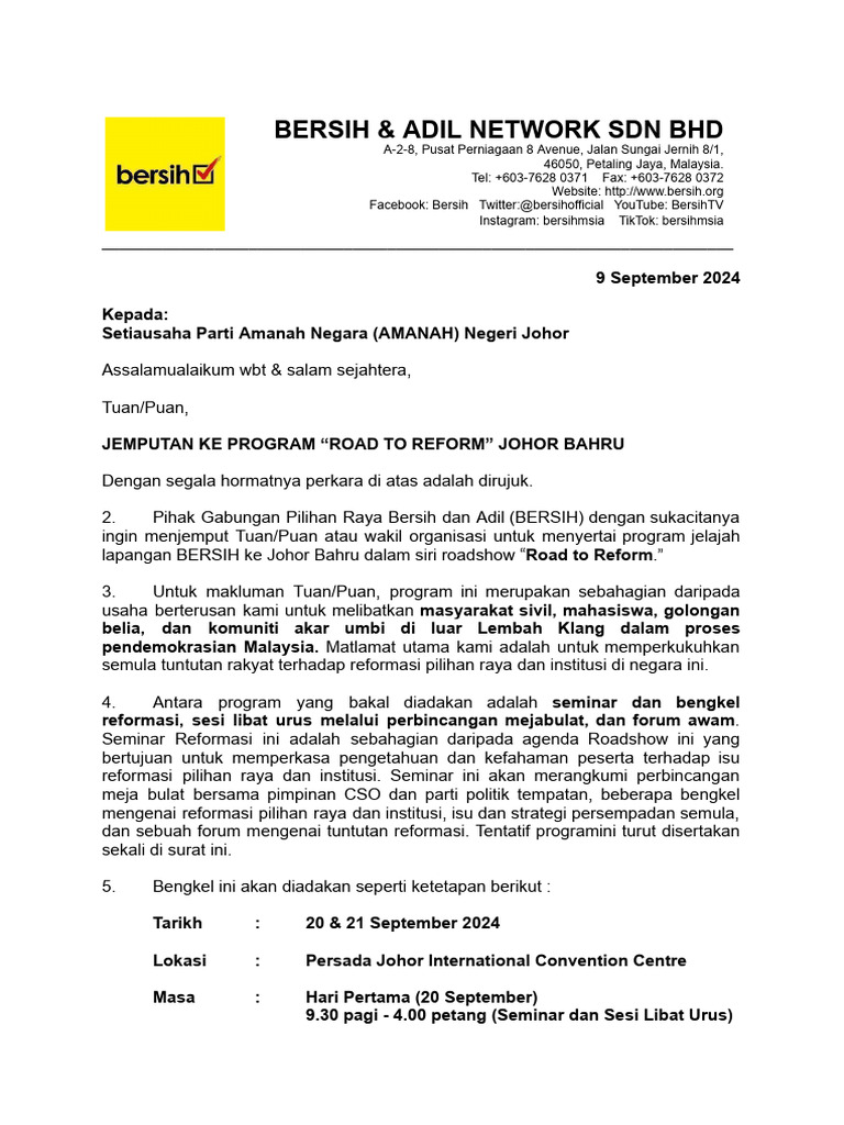 Surat Jemputan Amanah Bengkel&Seminar R2R Johor | PDF
