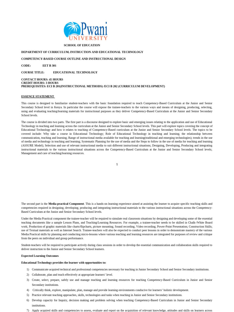 Competency-Based Course Outline-Eet B 301-Educational Technology-1 ...