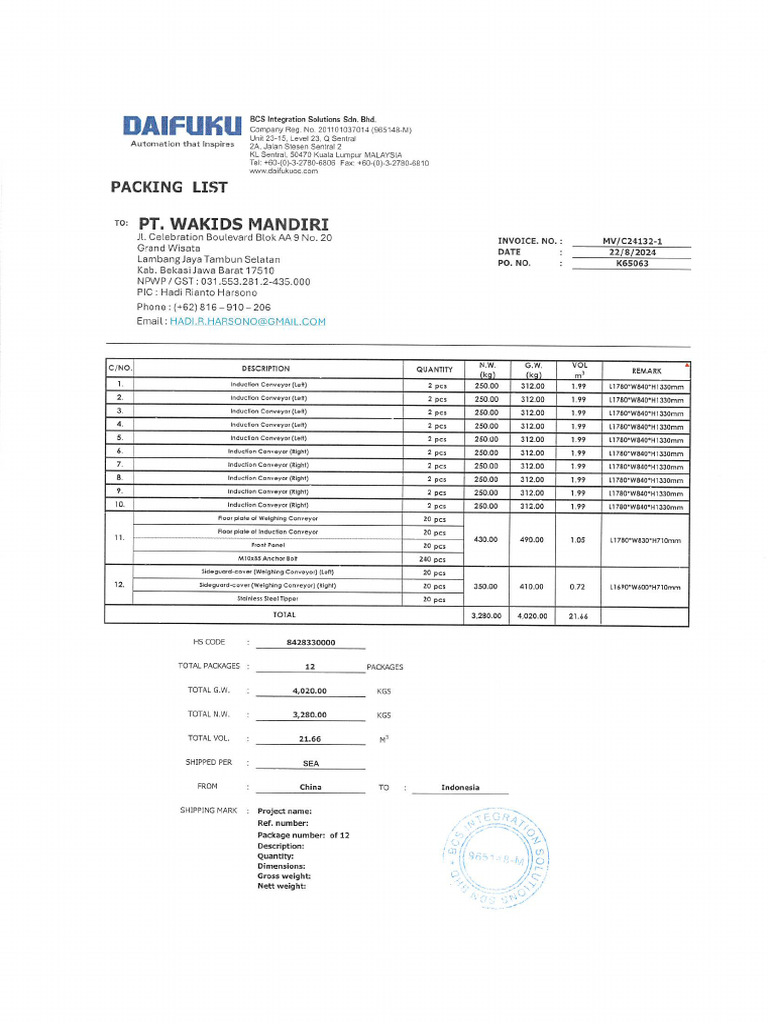 Packing List - Mvc24132-1 Cus Scanned | PDF