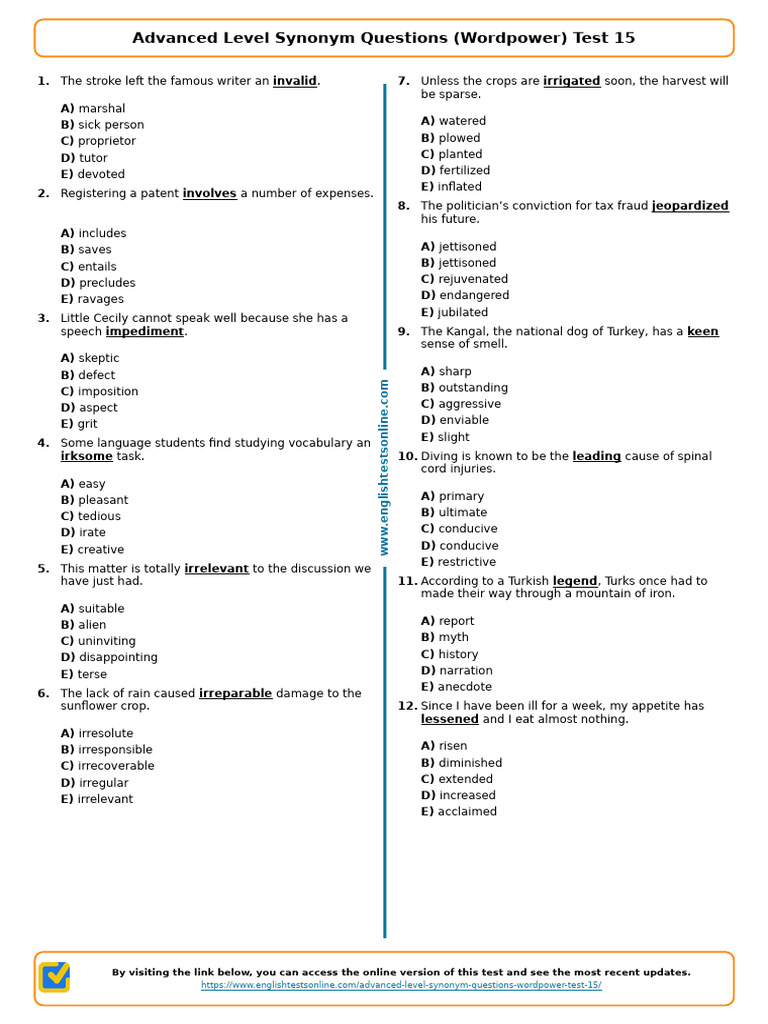 1728 - Advanced Level Synonym Questions Wordpower Test 15 | PDF
