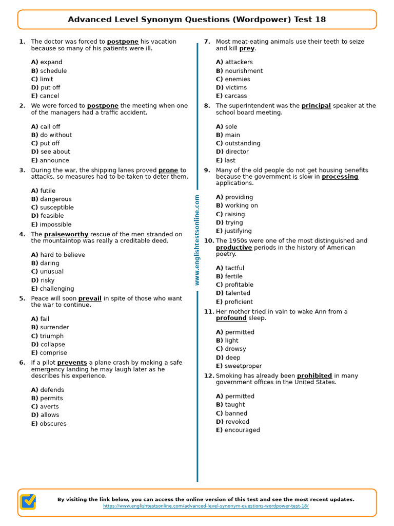 1731 - Advanced Level Synonym Questions Wordpower Test 18 | PDF