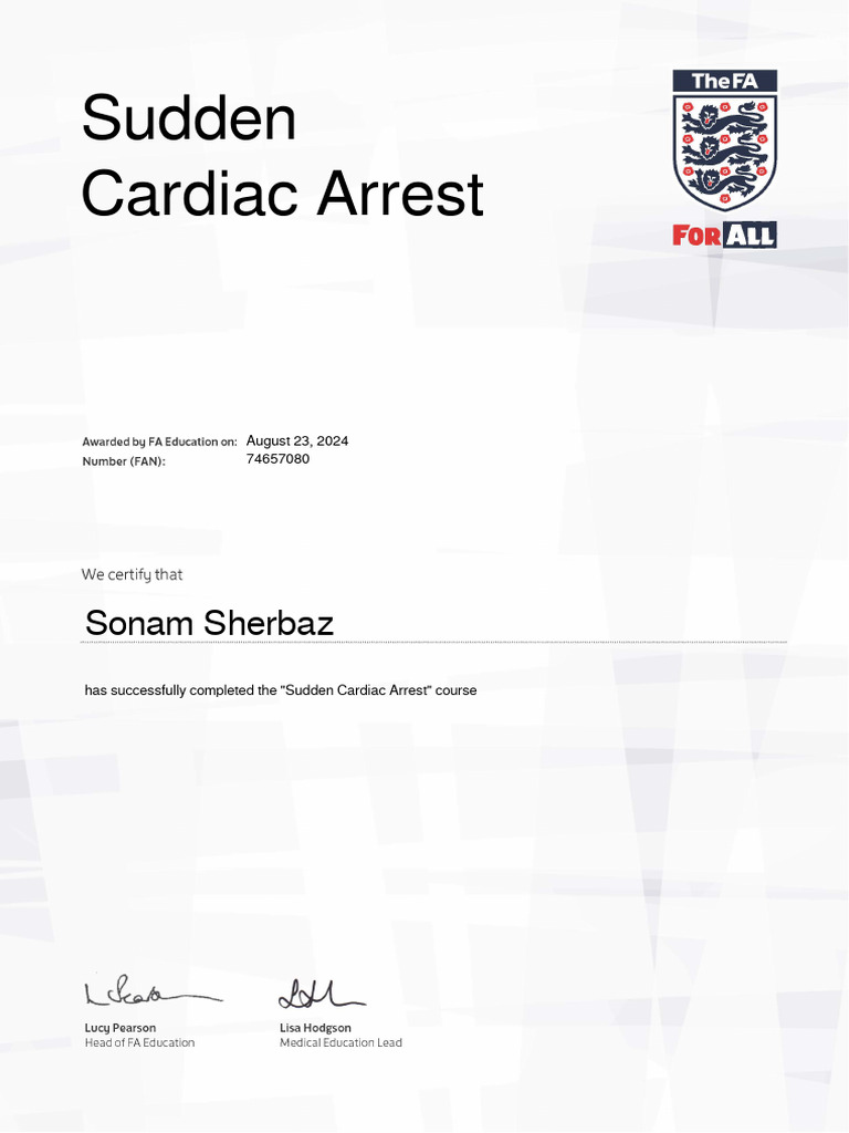 Sudden Cardiac Arrest FA Certificate August 24 | PDF