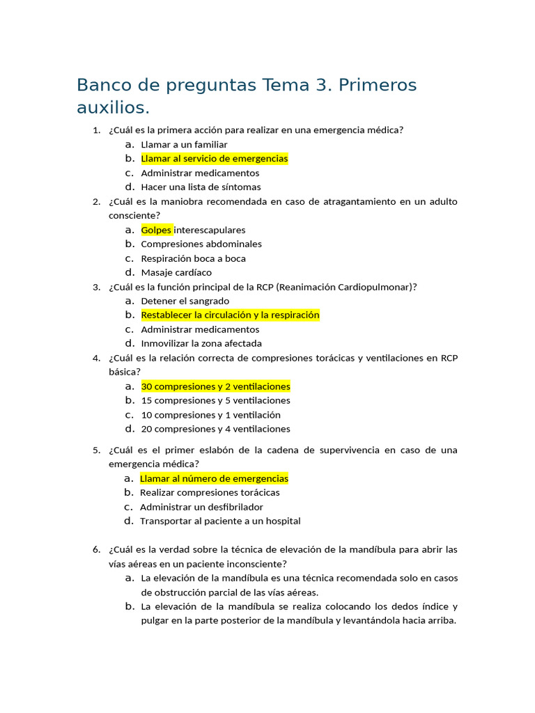 Banco de preguntas 1Âº Auxilios | PDF