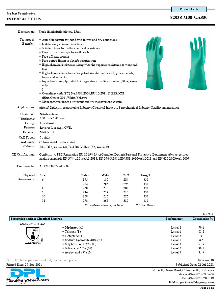 Interface Plus Product Specification Chemical Gloves | PDF