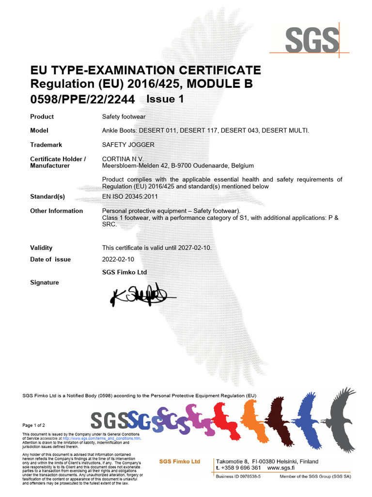 Desert-M1645 s1p SRC Ce Cert 0598 Ppe 22 2244 Issue 1-2022 Sgs | PDF