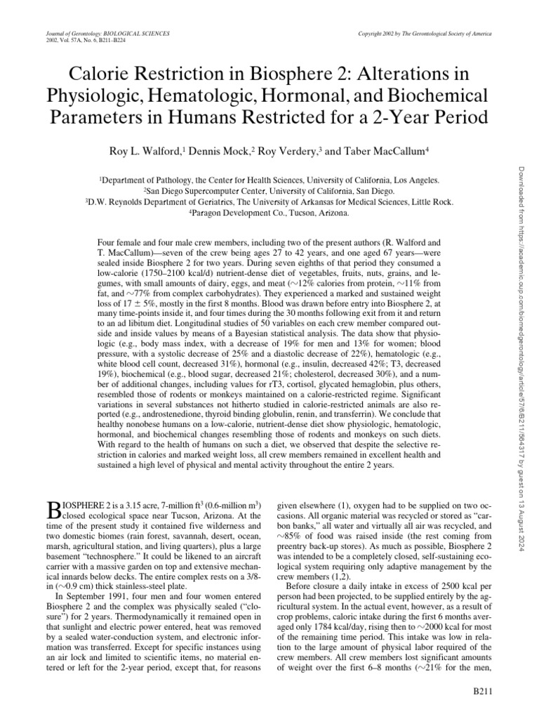 Calorie Restriction in Biosphere 2 | PDF | High Density Lipoprotein ...