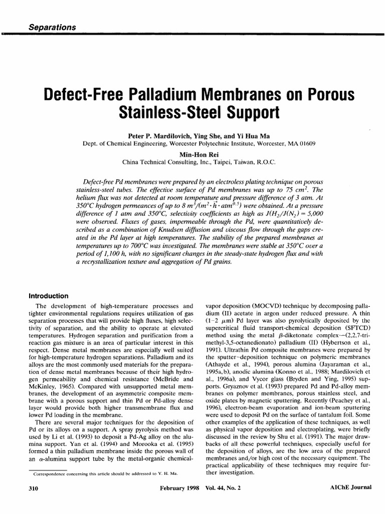 Defect Free Palladium Membranes On Porous Stainless Steel Support | PDF