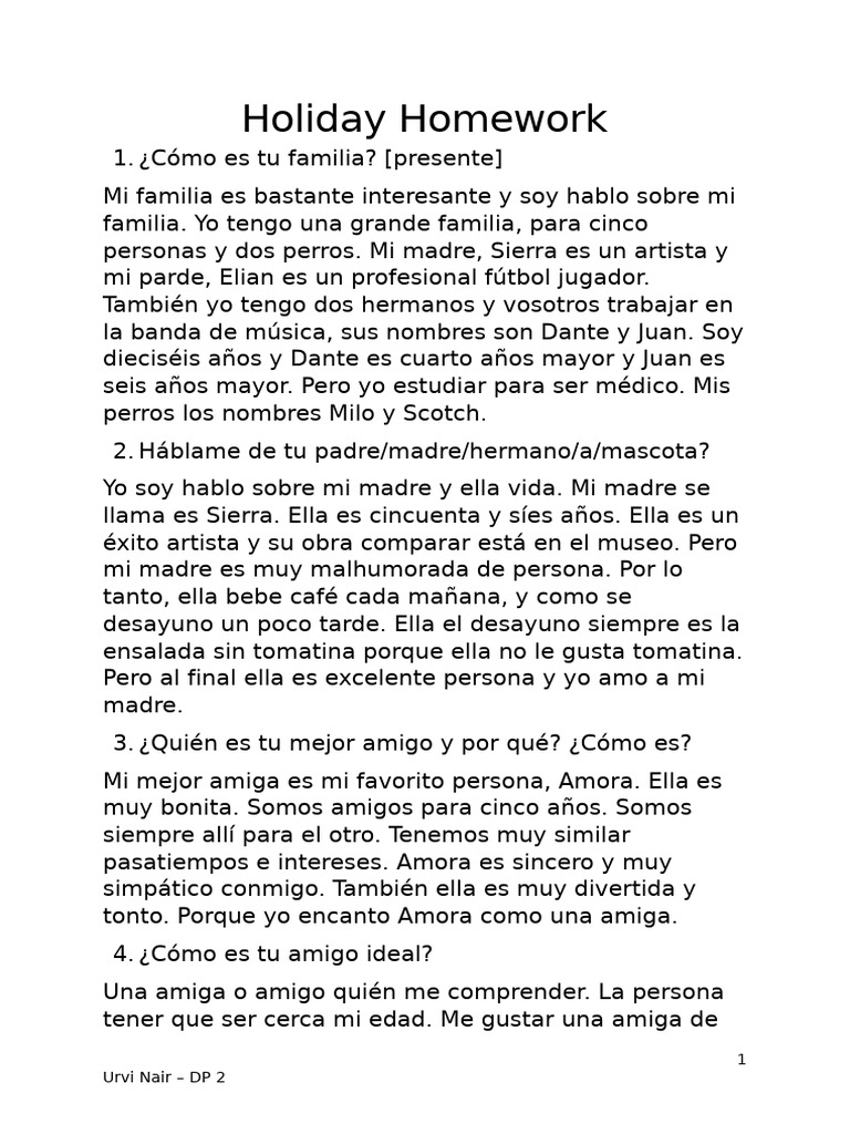 Español Holiday Homework | PDF