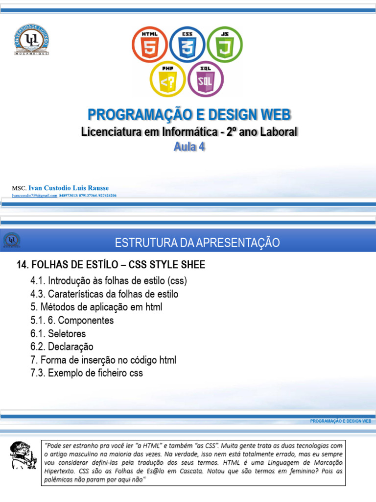 PDW - Aula 4 - Folhas de Estílo - CSS Style Shee | PDF