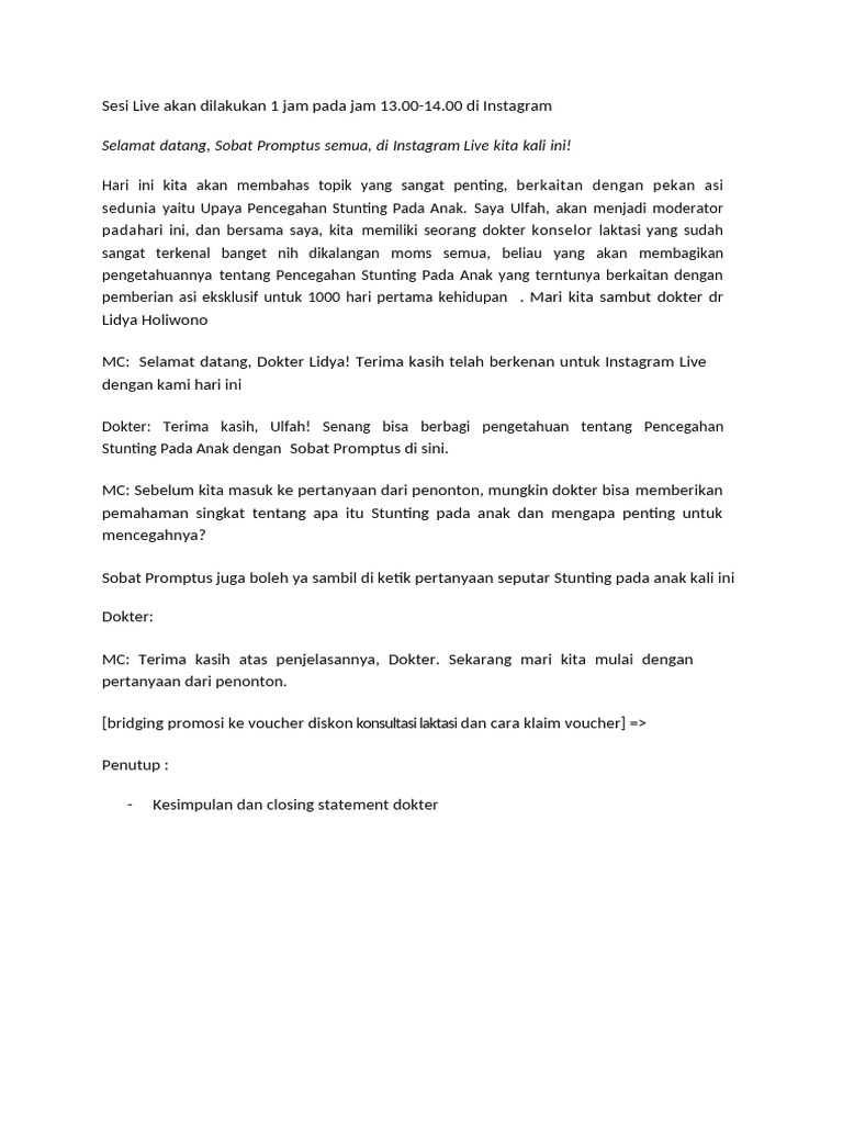 Script Live Instagram Cegah Gejala Stunting Dengan Asi Eksklusif | PDF