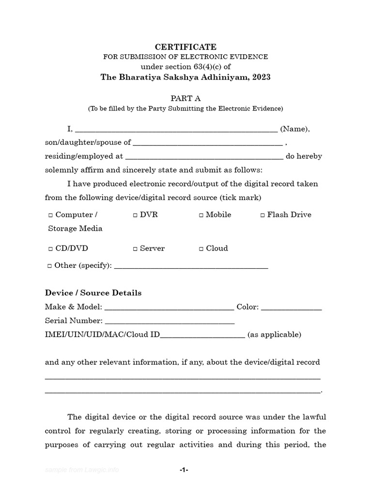 Certificate For Electronic Evidence As Per Section 634c of The ...