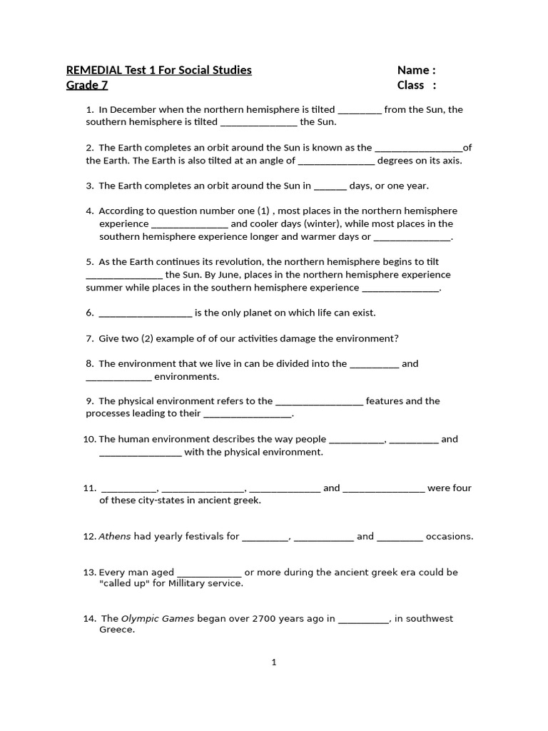 REMEDIAL Test 1 For Social StudiesName | PDF