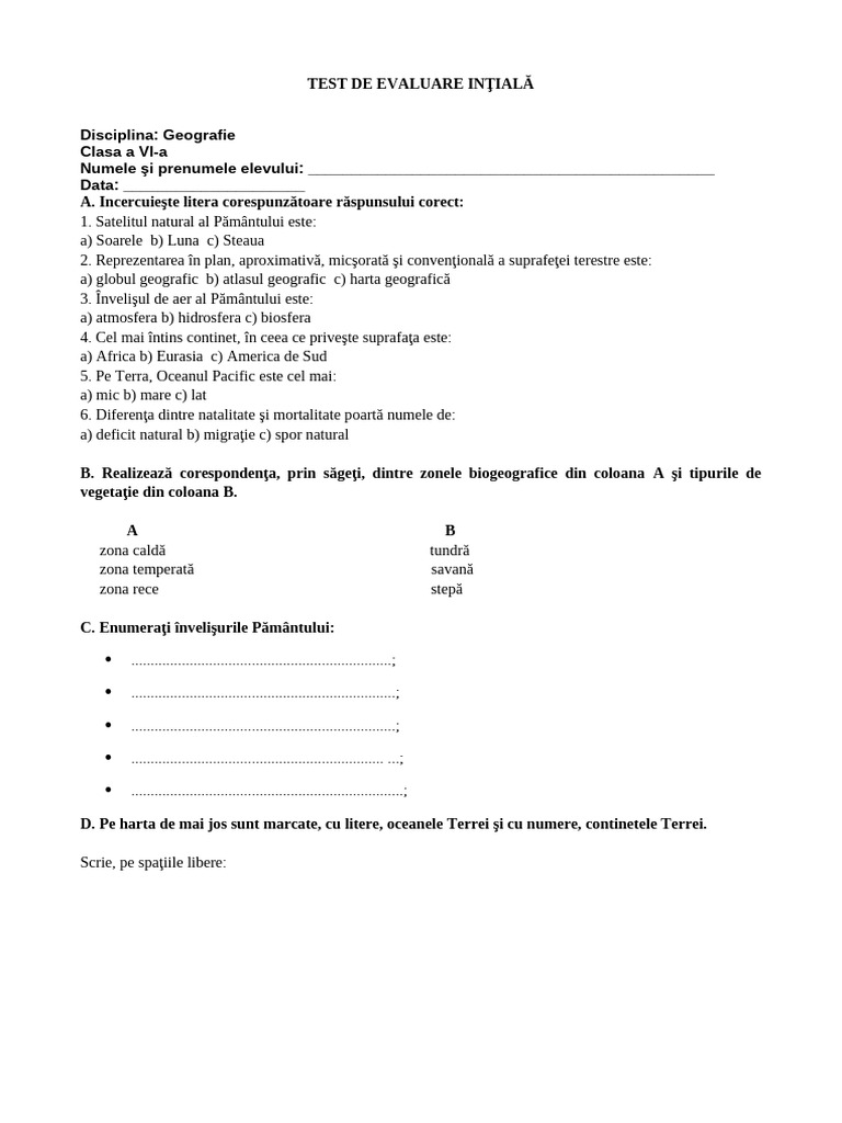 Test Initial Clasa 6 Geografie Cu Matrice | PDF