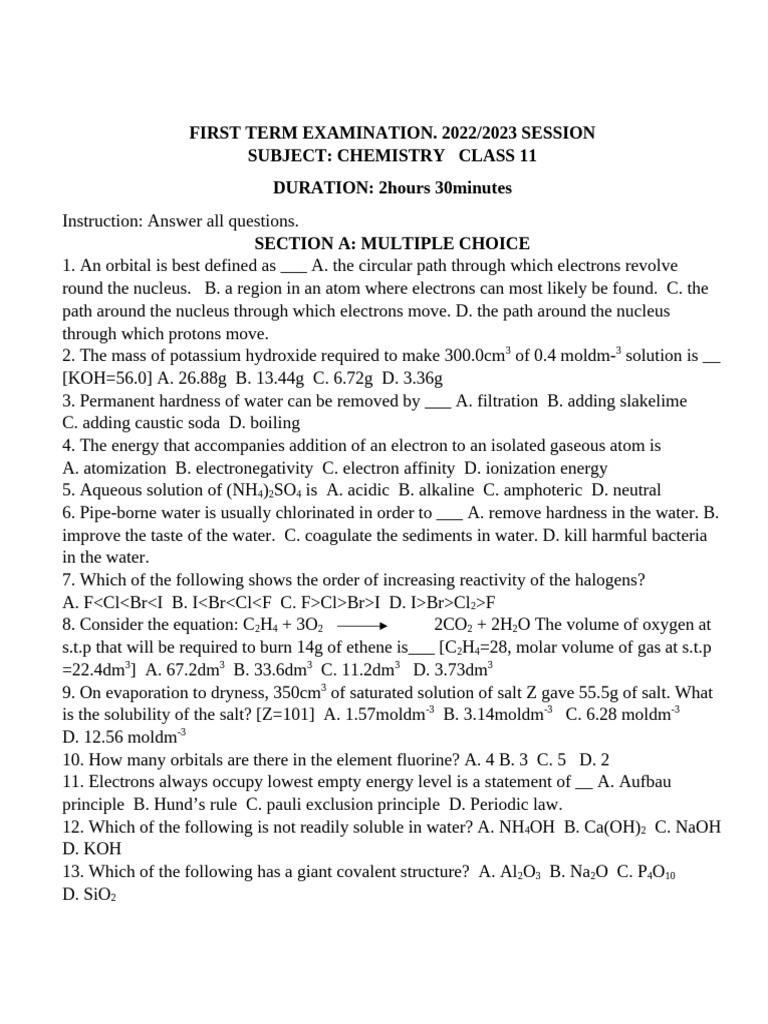 FIRST TERM EXAMINATION 20222023 Class 11 | PDF | Periodic Table | Ion
