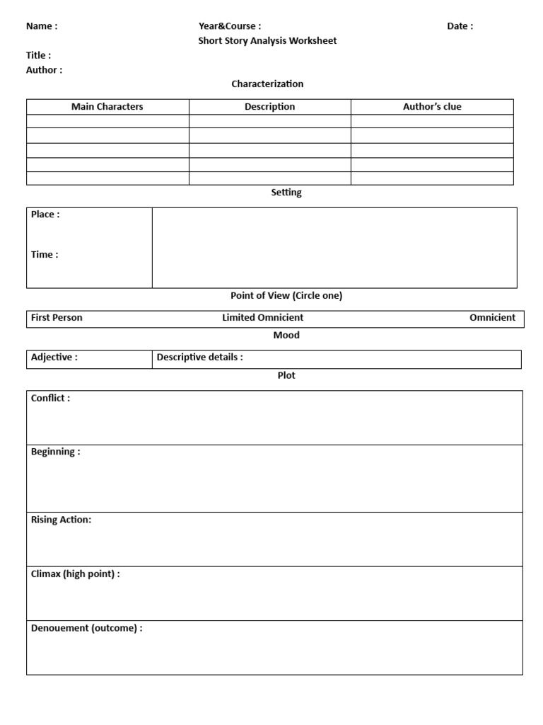 Short Story Analysis Worksheet TEMPLATE | PDF