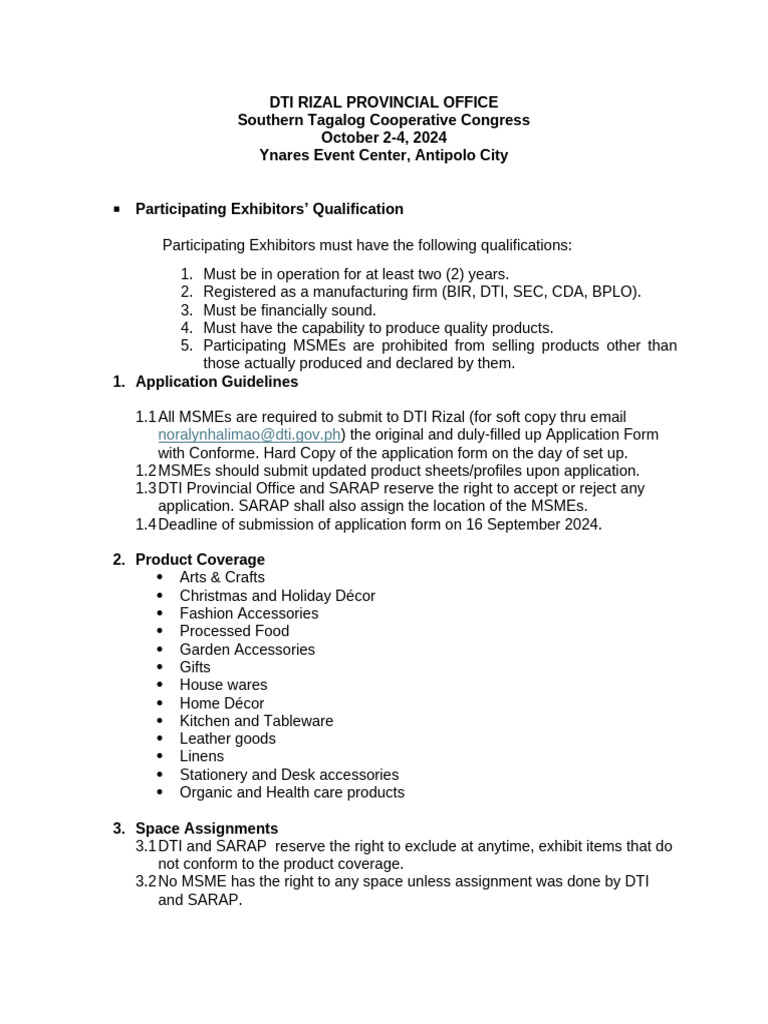 DTI Rizal Trade Fair Guidelines - Coop Congress | PDF