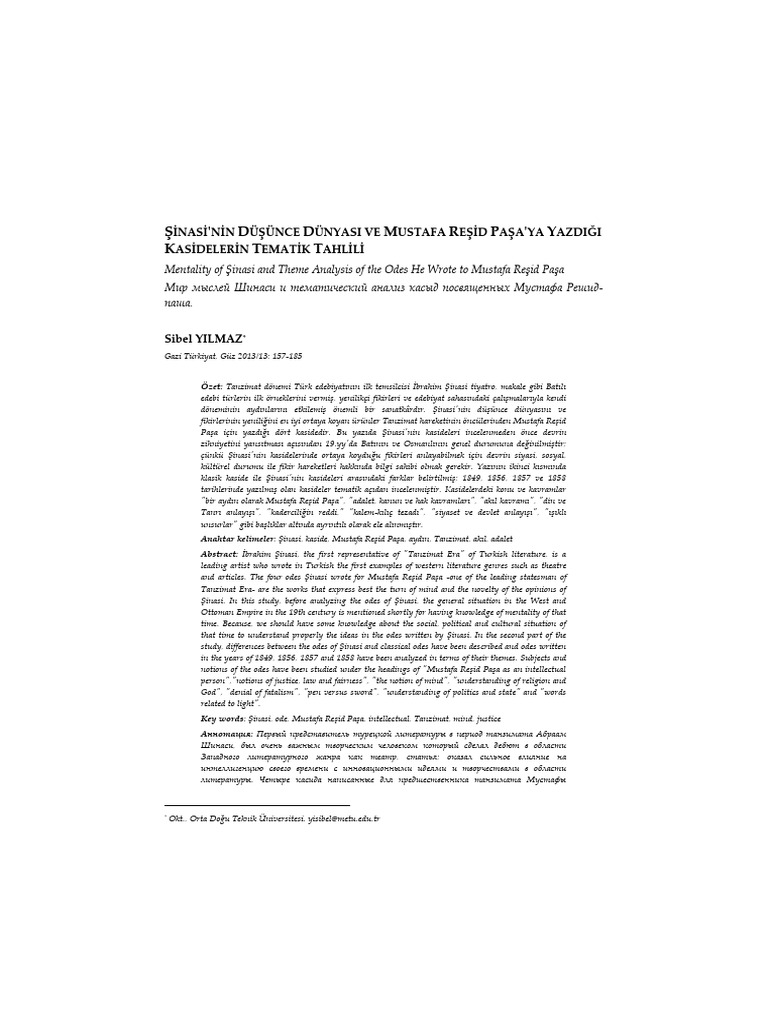 Inasi'Nin D Nce D Nyas Ve Mustafa Re Id Pa A'ya Yazd Kasidelerin Tematik Tahlili (#90431 ...