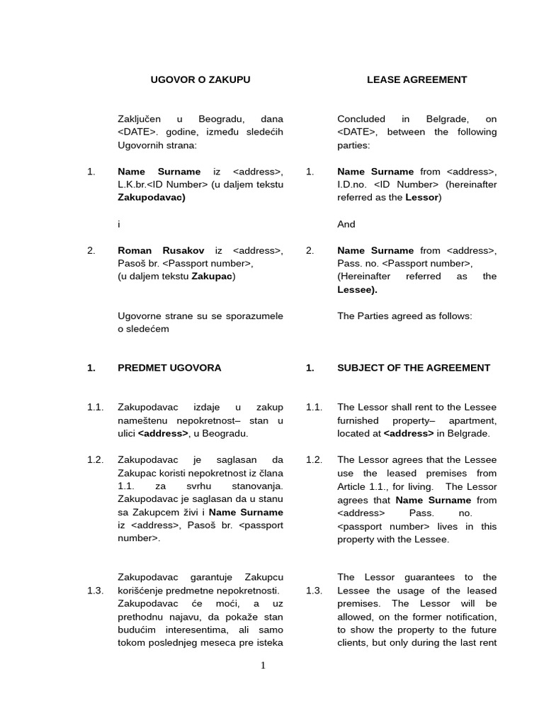 Ugovor Za Stan Template | PDF | Lease | Contract Law