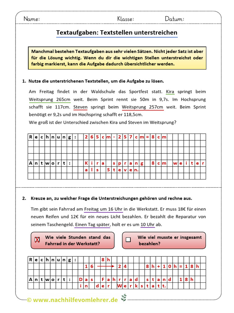 Textstellen Unterstreichen - Textaufgaben Grundschule - Lösung | PDF