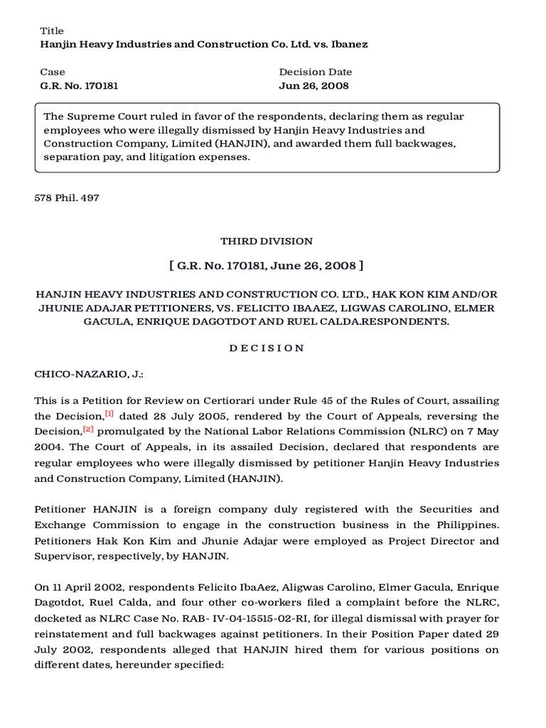 Hanjin Heavy Industries & Construction Co. Ltd. vs. Ibanez | PDF