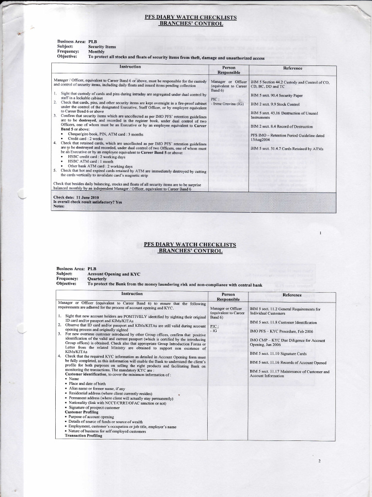 Branch Operation Control Checklist HSBC | PDF