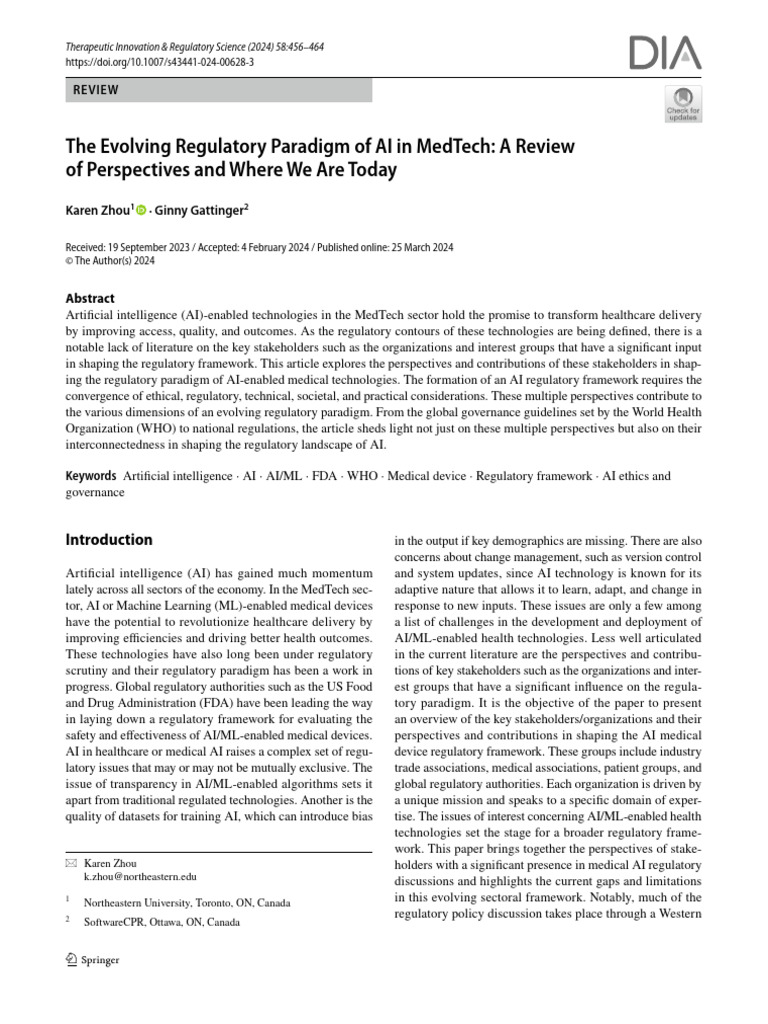 The Evolving Regulatory Paradigm of AI in MedTech | PDF