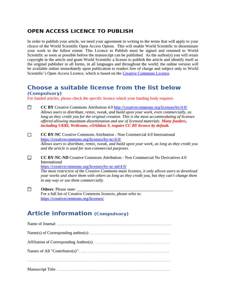 WSPC Open Access Licence To Publish | PDF