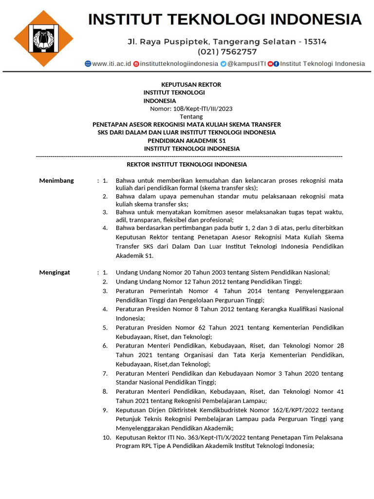 Penetapan Asesor Rekognisi ITI | PDF