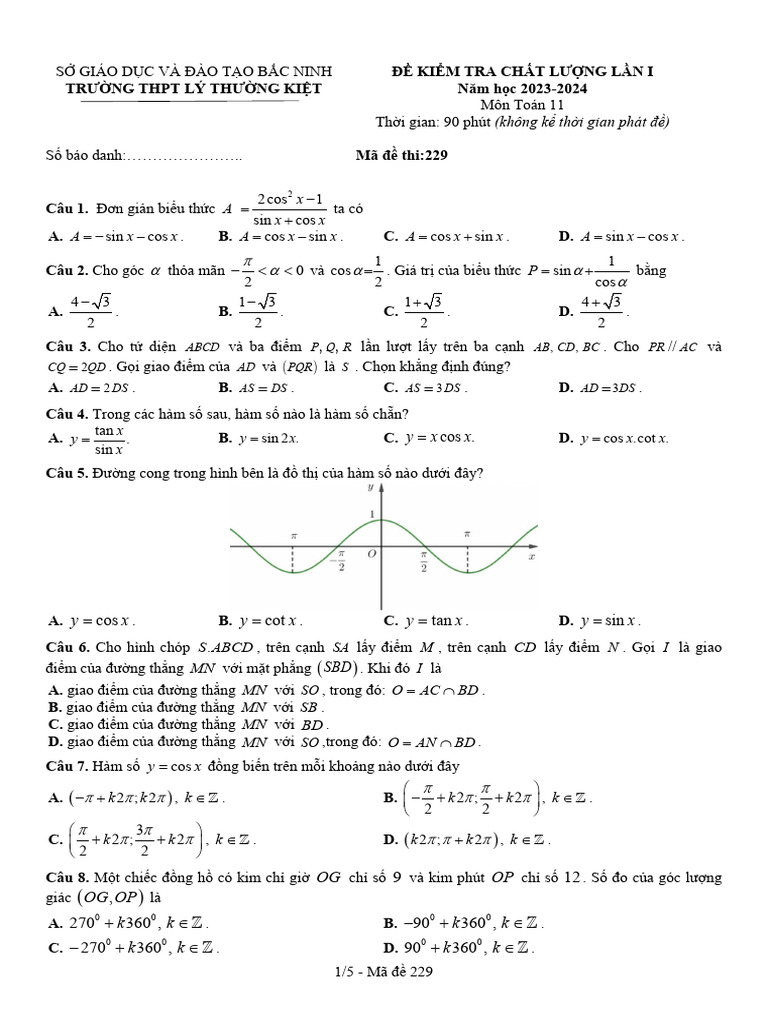 De Kiem Tra Lan 1 Toan 11 Nam 2023 2024 Truong THPT Ly Thuong Kiet Bac Ninh | PDF