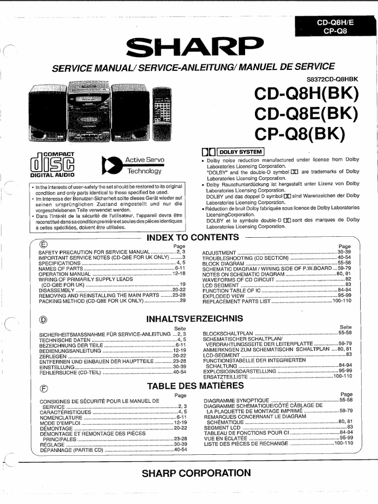 Sharp - Service Manual - CD-Q8H, CD-Q8E, CP-Q8 | PDF