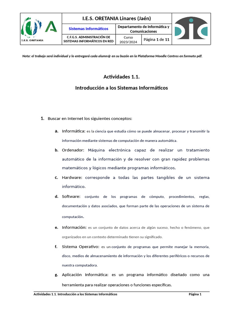 Actividades 1.1. Introducción a los Sistemas Informáticos (1) | PDF
