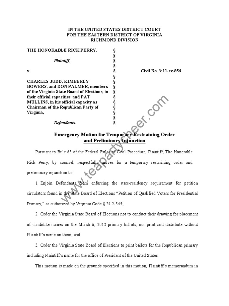 Case Number: 3:2011cv00856 Filing 07 Emergency MOTION For Temporary ...