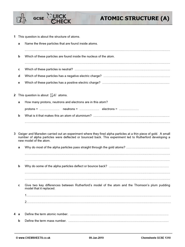 Chemsheets GCSE 1310 QC Atomic Structure A | PDF