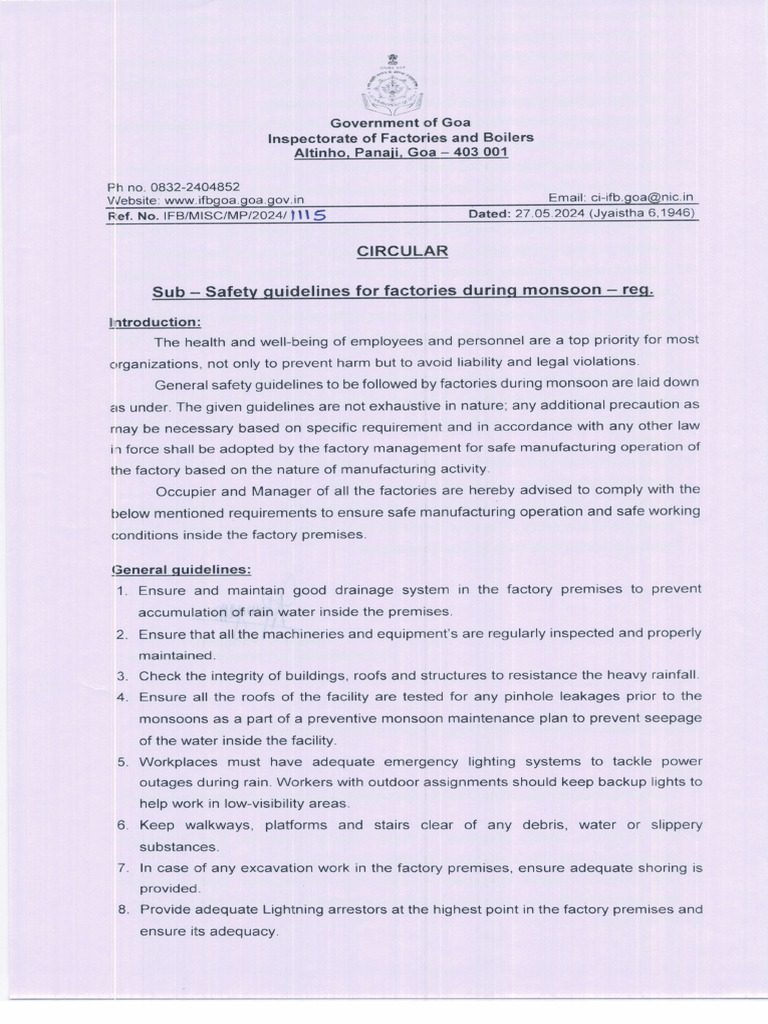 CIRCULAR Safety Guidelines For Factories During Monsoon | PDF