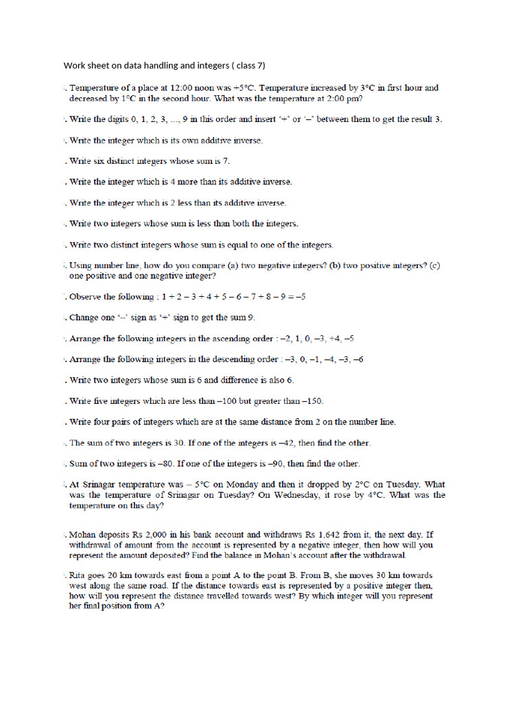 Revision Worksheet Data Handling and Integers | PDF
