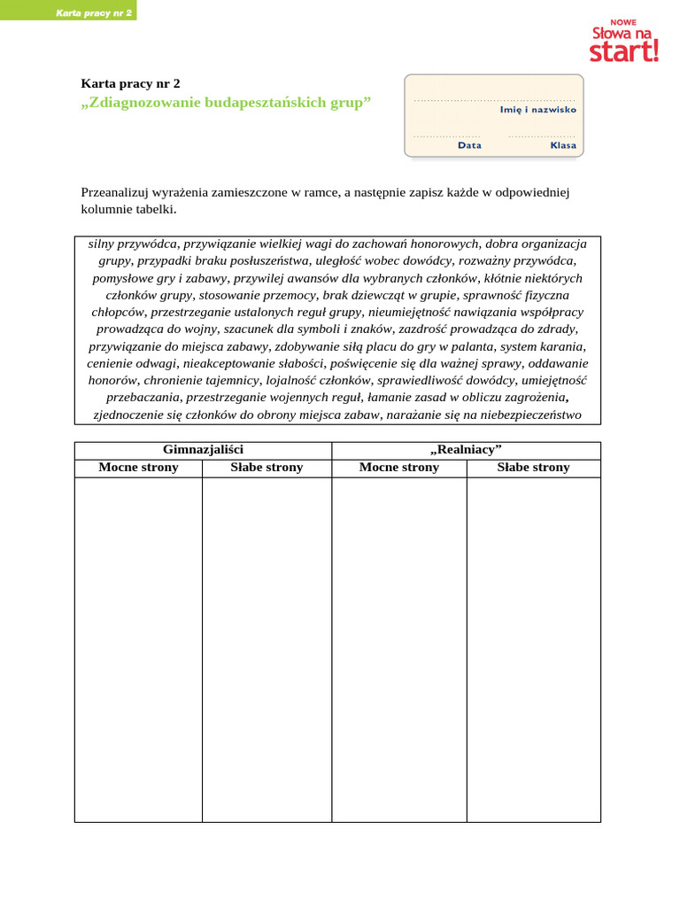 Chlopcy Z Placu Broni Lektura Obowiazkowa Karta Pracy 2 | PDF