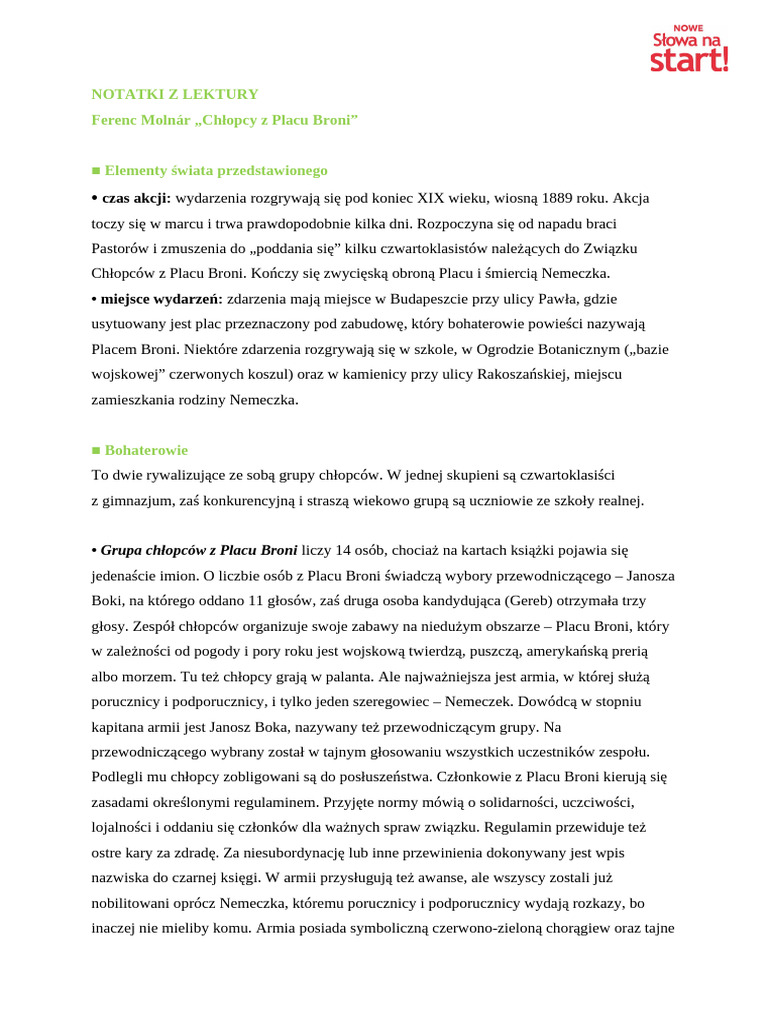 Chlopcy Z Placu Broni Lektura Obowiazkowa Notatki Z Lektury | PDF