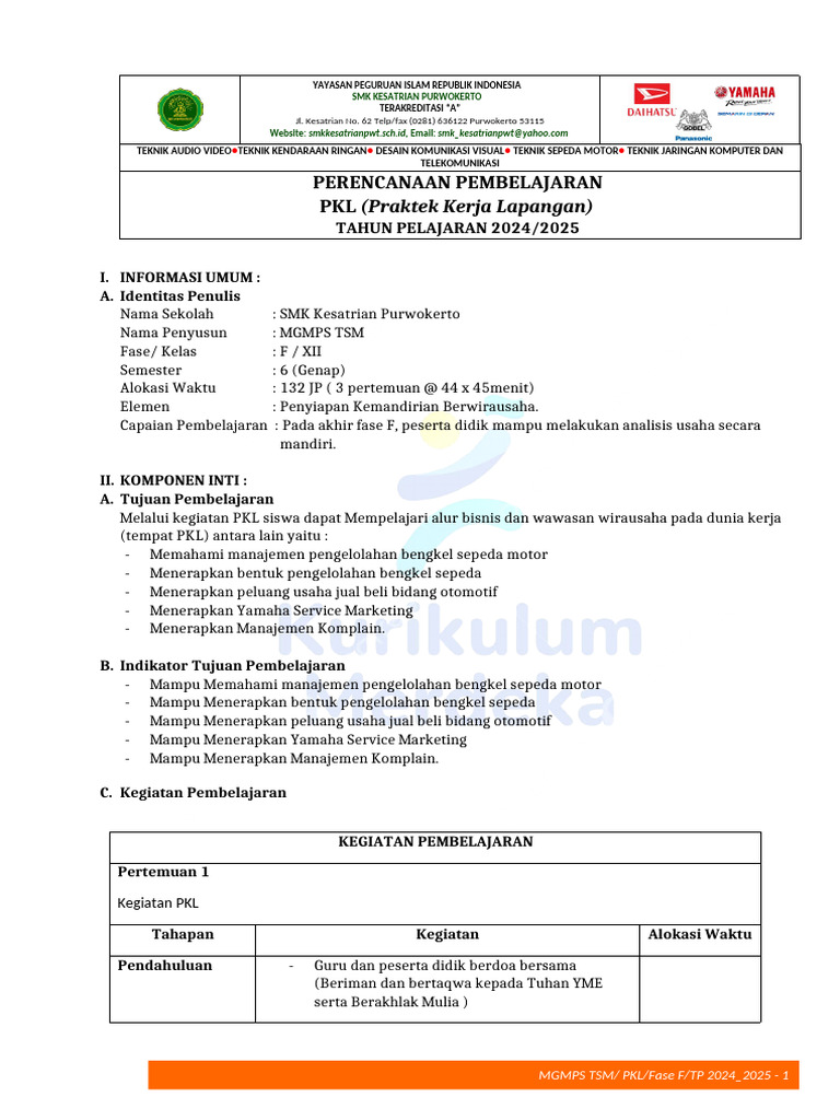 Perencanaan Pembelajaran KST Tp8 PKL TSM 2024 2025 | PDF