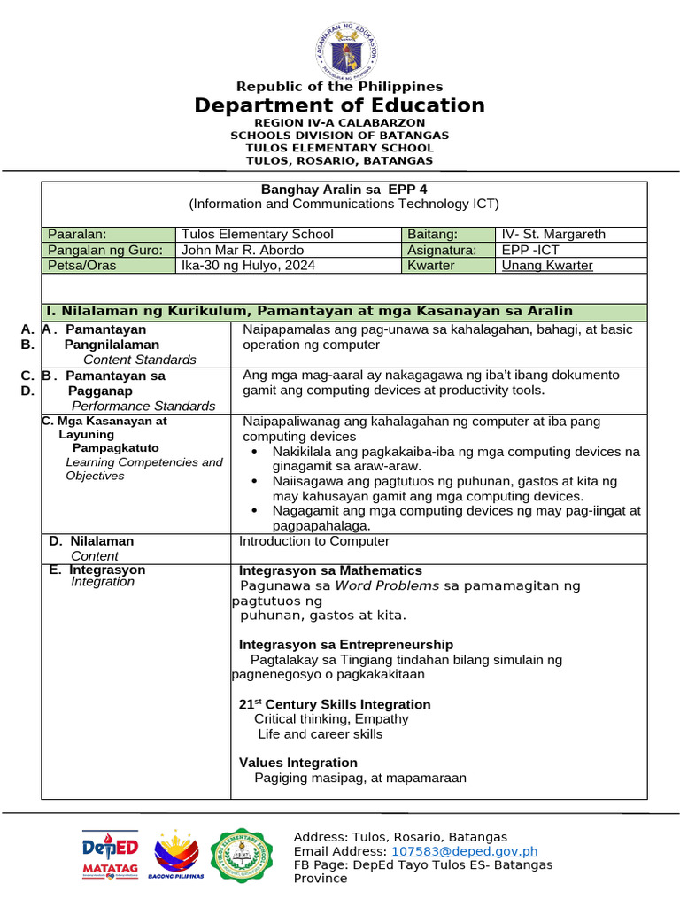 EPP-ICT-MATATAG Lesson Plan LC^N1 Day 2 | PDF
