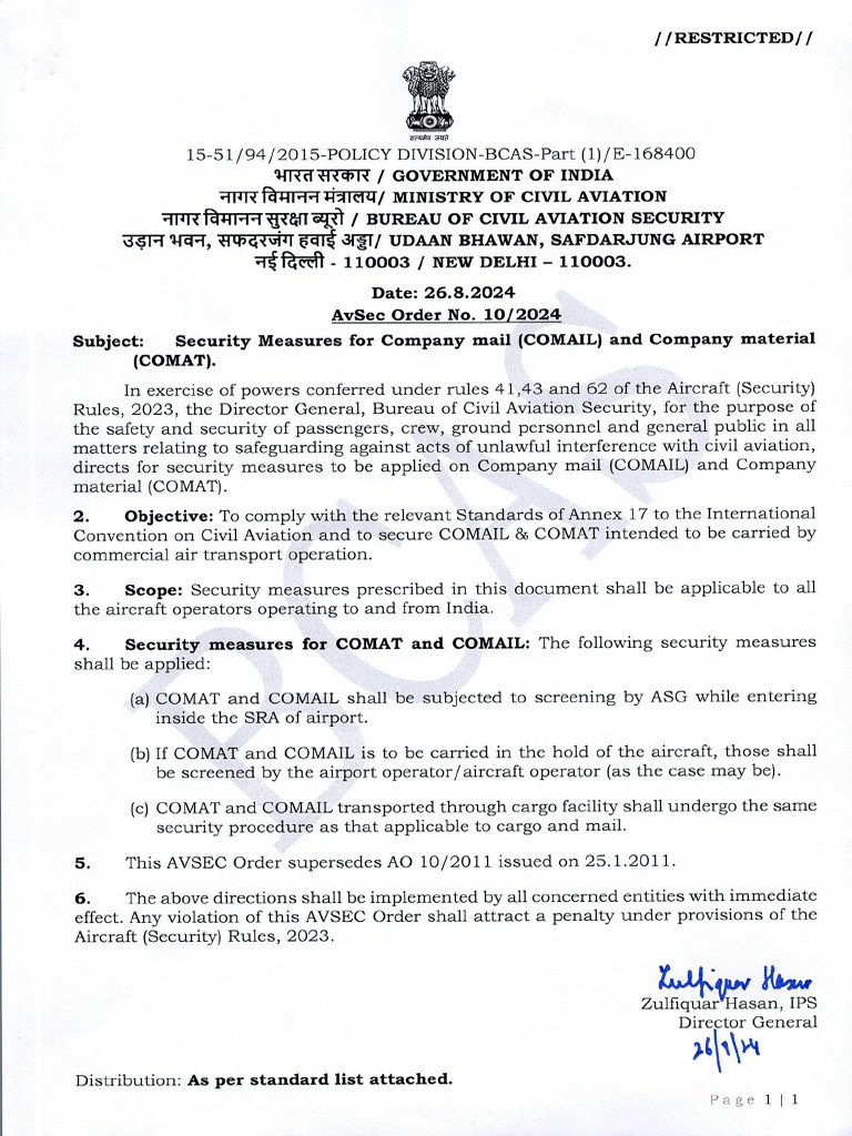 AvSec Order No 10 of 2024 | PDF