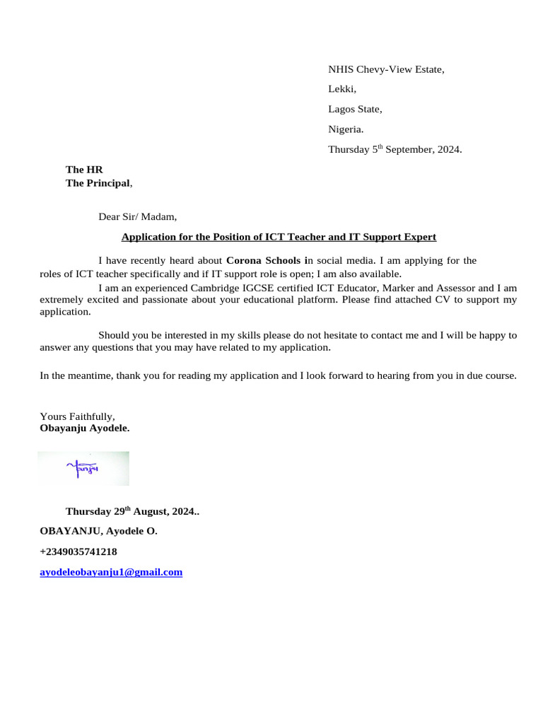 Application Letter - Mr. Obayanju Ayodele | PDF