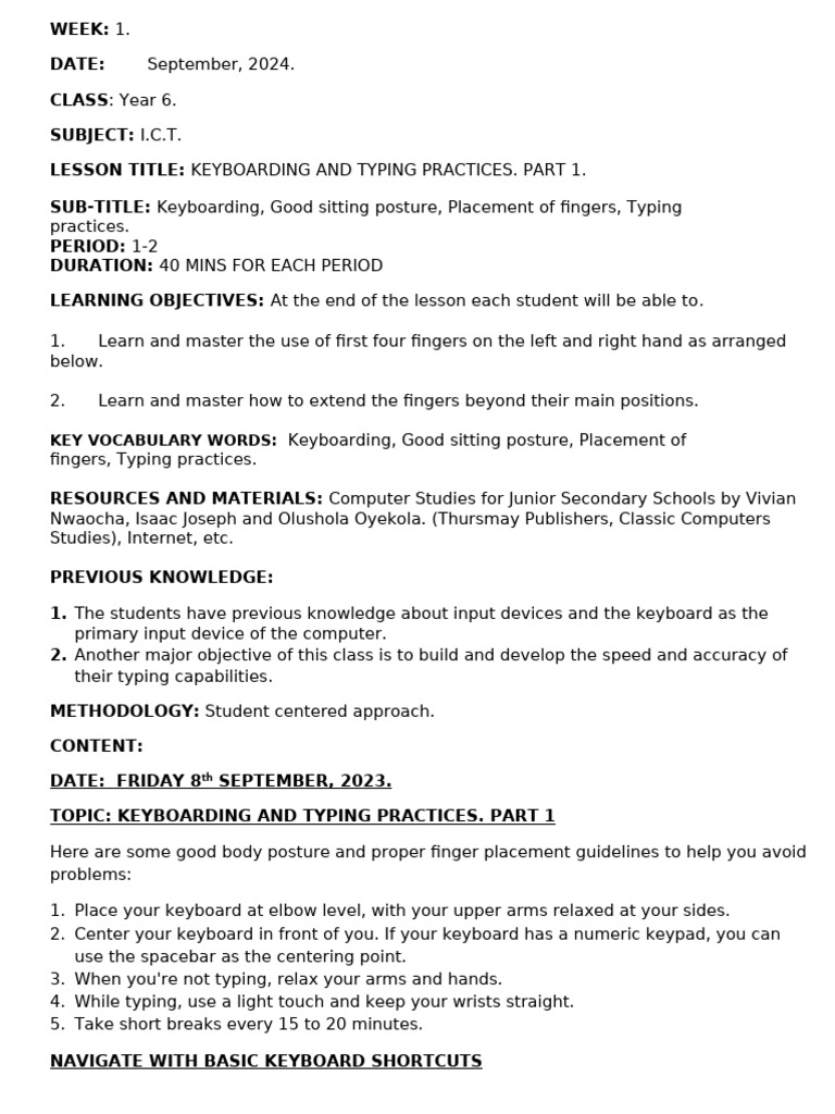 Year 6 Ict Week 1 & 2 Practical Lesson Plan Mr. Obayanju Ayodele First Term 2024 - 2025 Session ...