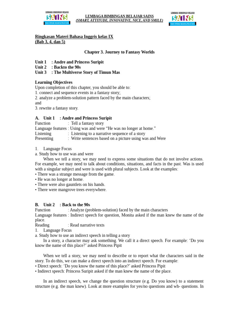 Ringkasan Materi Bahasa Inggris Kelas 9 SMP (Chpter 3 4 5) | PDF