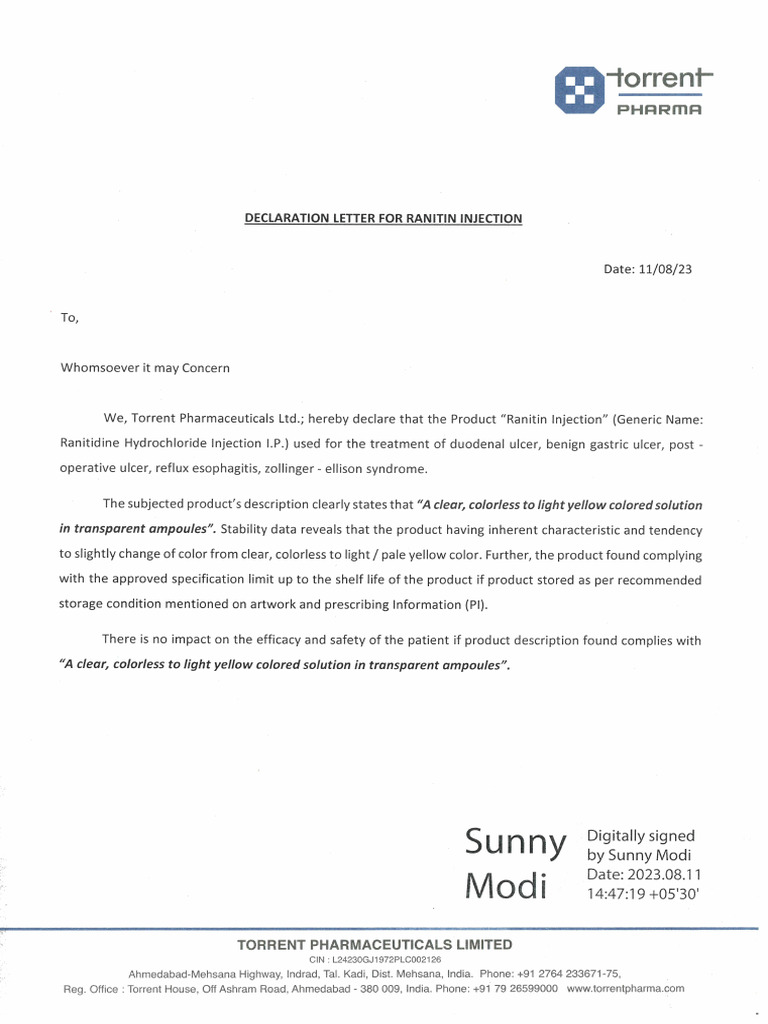 Torrent Letter Declaration On Ranitidine Inj | PDF